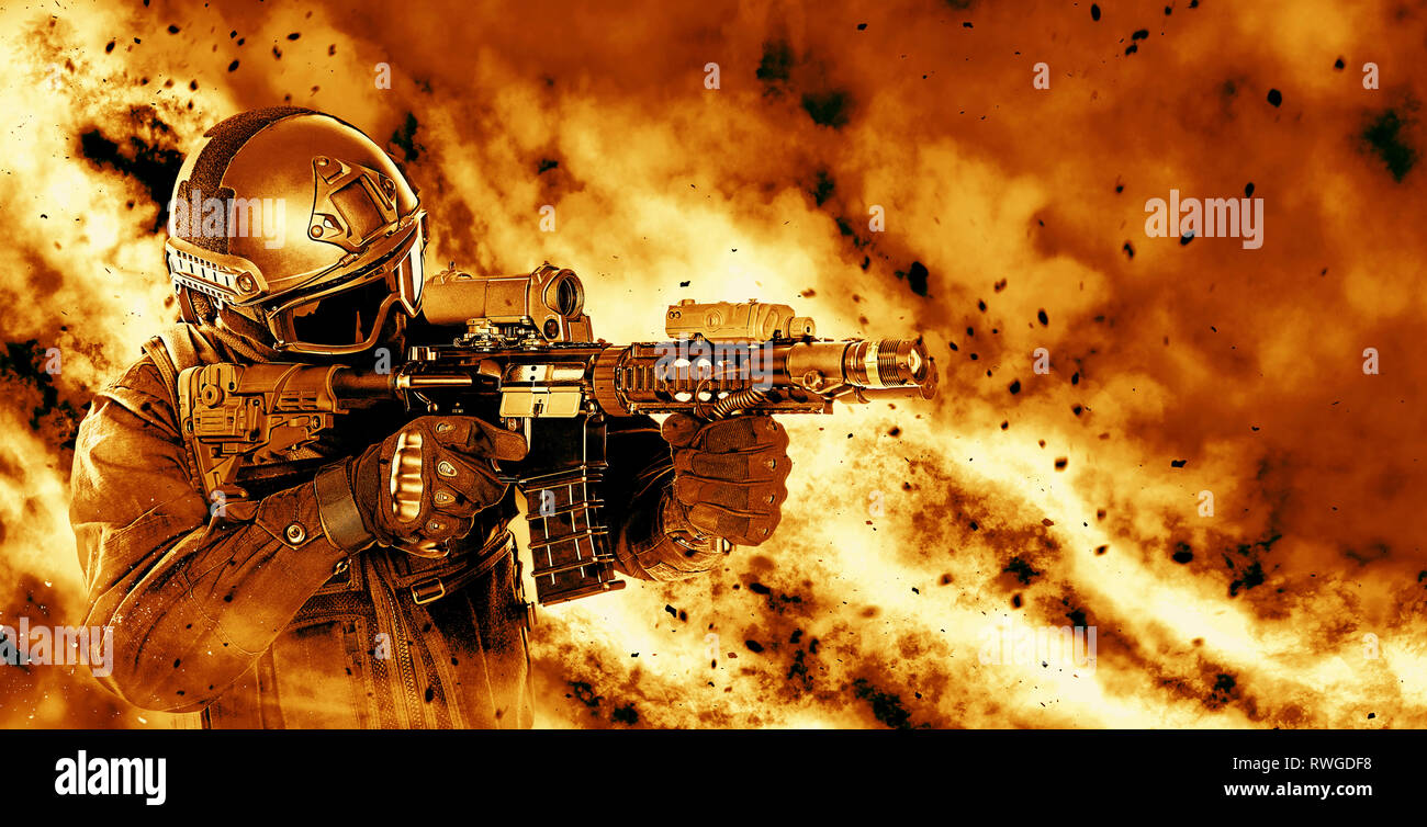 Spec ops police officer SWAT making his way through the fire with rifle ...