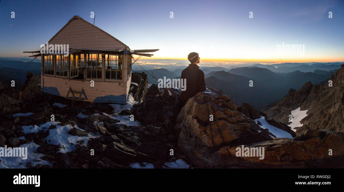 The restored fire lookout, constructed in 1932, on Three Fingers ...