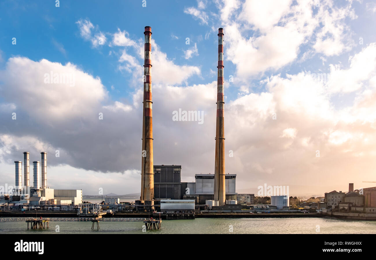 DUBLIN / IRELAND - MARCH 03 2019: Poolbeg power station in the harbour ...
