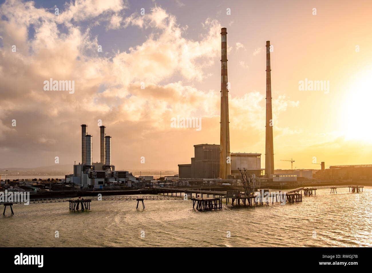 DUBLIN / IRELAND - MARCH 03 2019: Poolbeg power station in the harbour ...