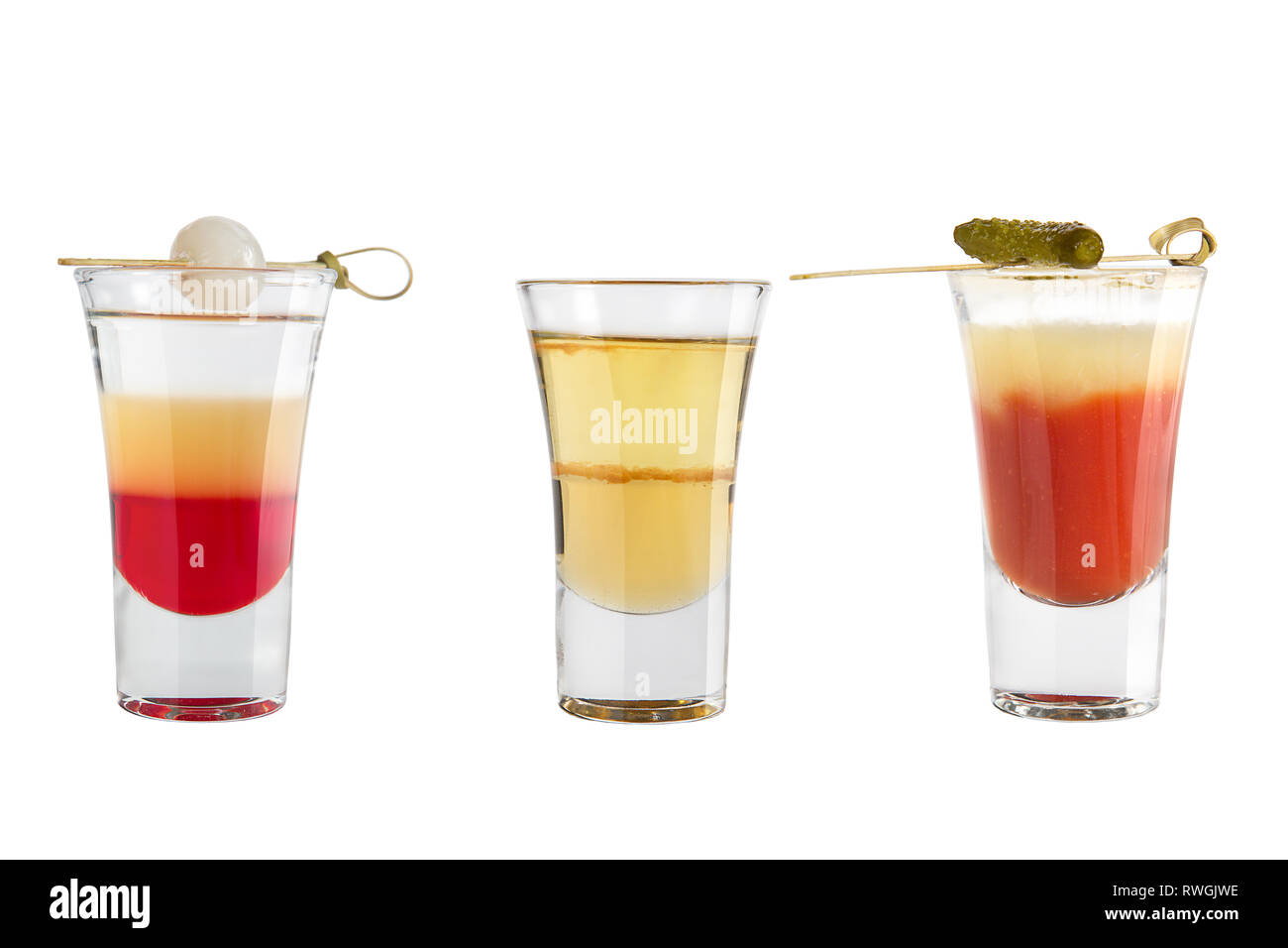 Popular alcohol shots on a white background. Three different ...