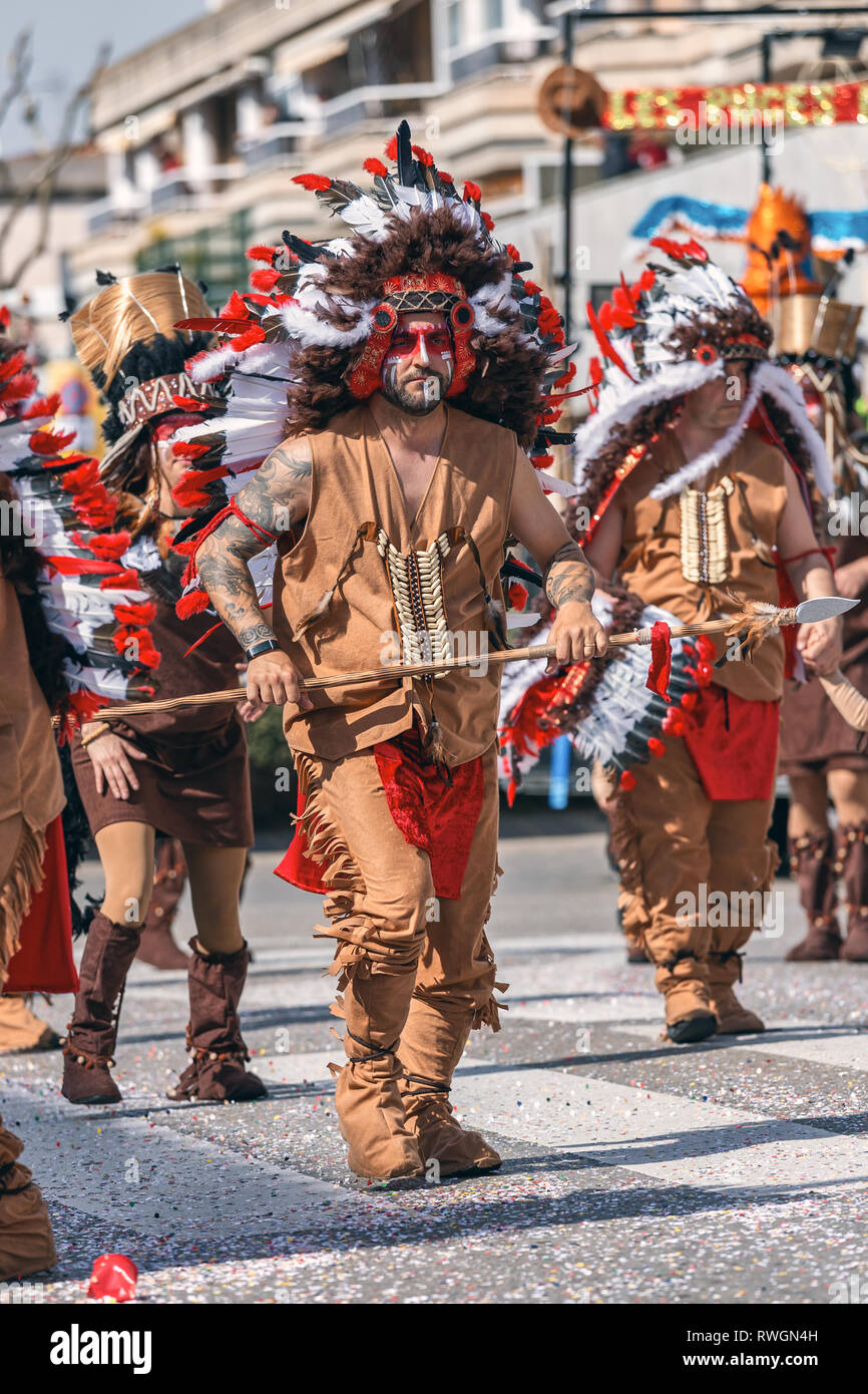 Traditional carnival in a Spanish town Palamos in Catalonia. Many ...