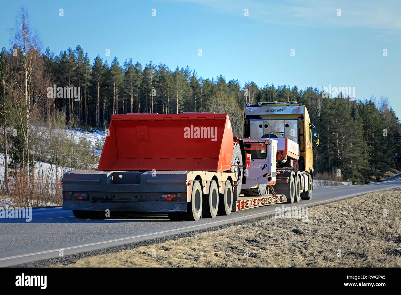 Salo, Finland - March 1, 2019: Volvo FH truck of Silvasti hauls Sandvik ...