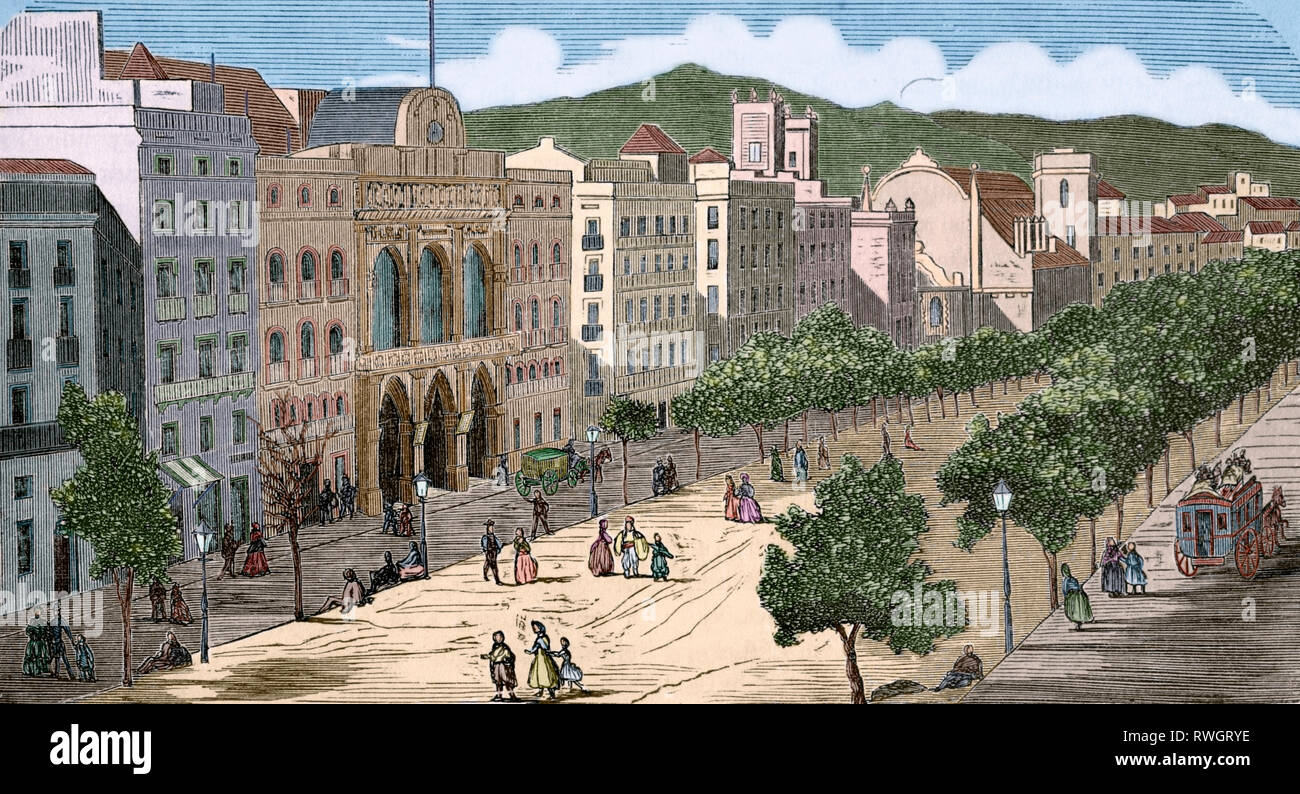 Spain. Catalonia. Barcelona. View of the Rambla and the Liceo Theater ...