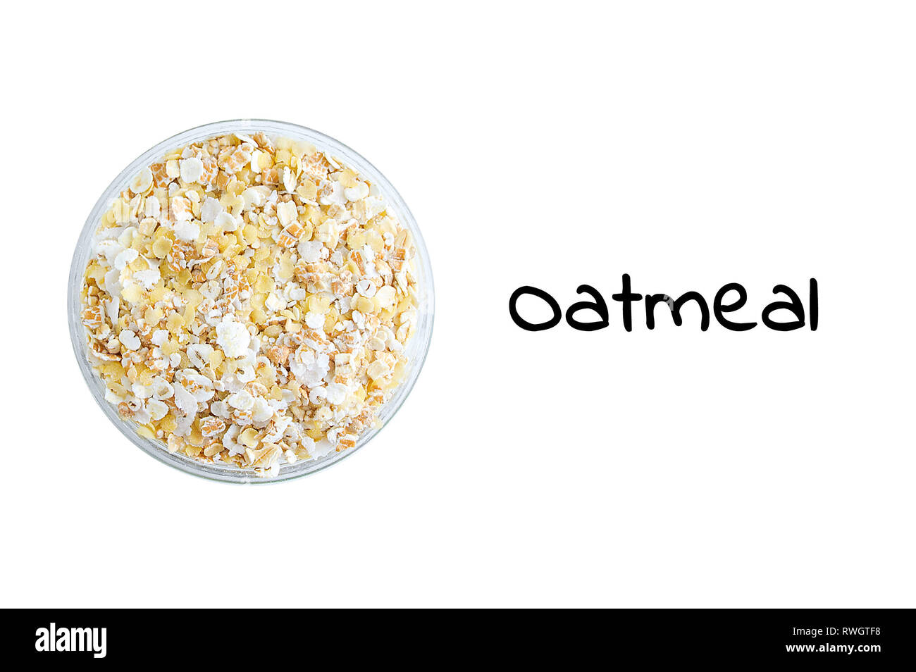 Oatmeal cereals in a glass bowl. View from above. White isolate Stock ...