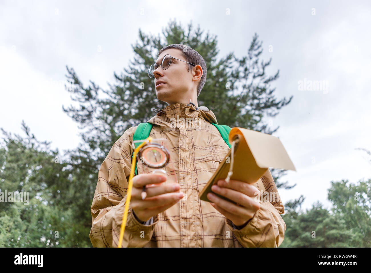 Picture from below of man with compass Stock Photo - Alamy