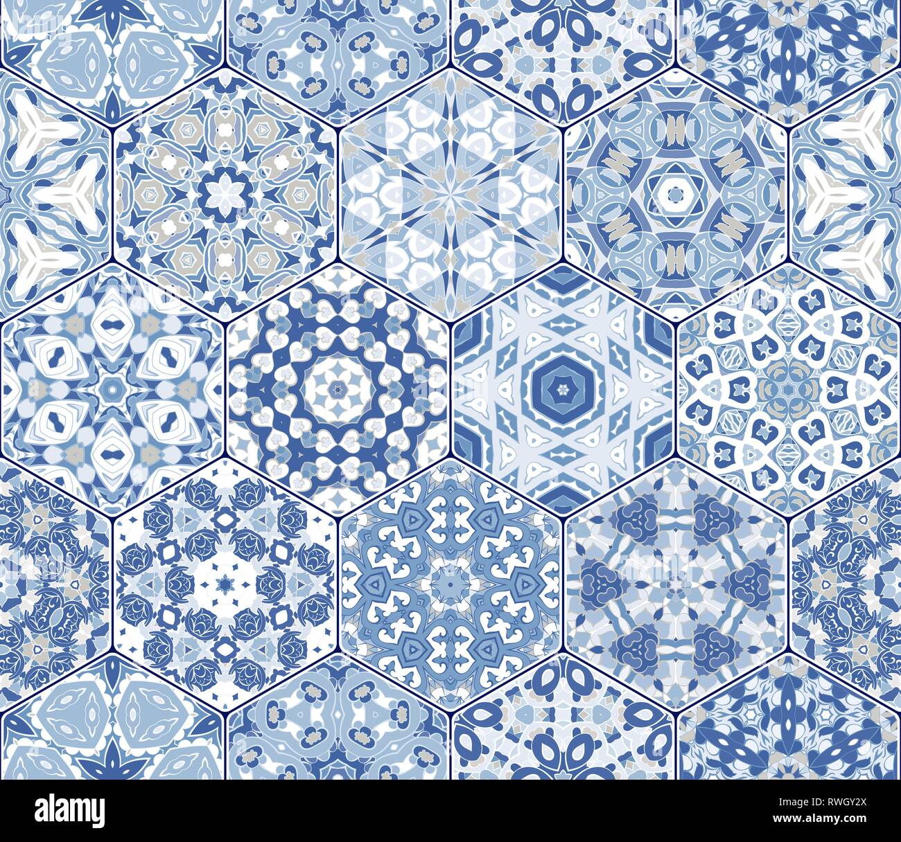 Seamless hexagonal mosaic tiles in vector set. Oriental and ethnic ...