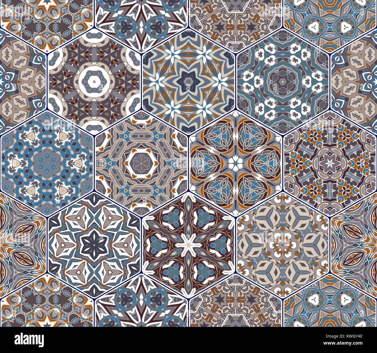 Seamless hexagonal mosaic tiles in vector set. Oriental and ethnic ...