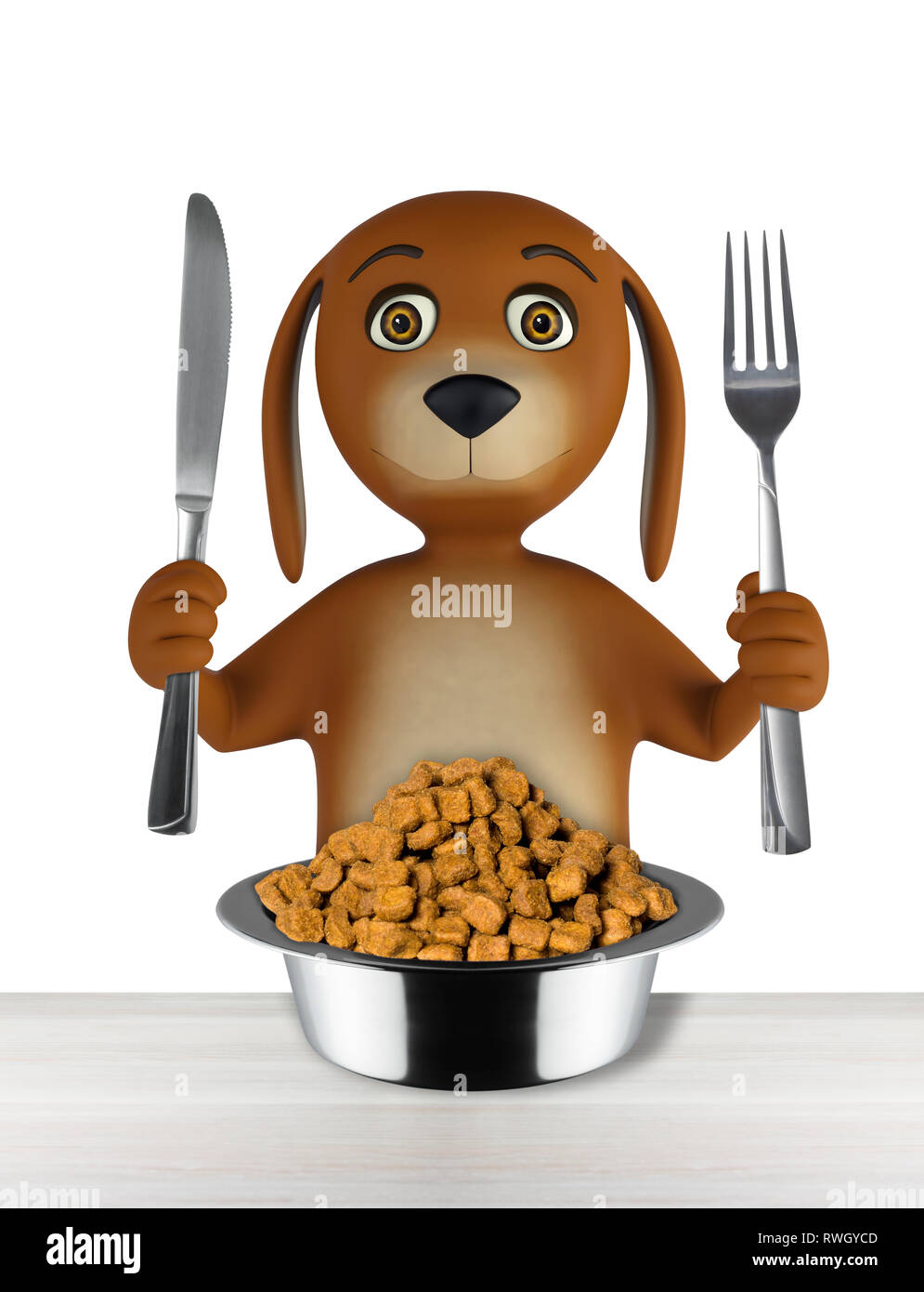 Cartoon dog with bowl of dry food holds a knife and fork. isolated on ...