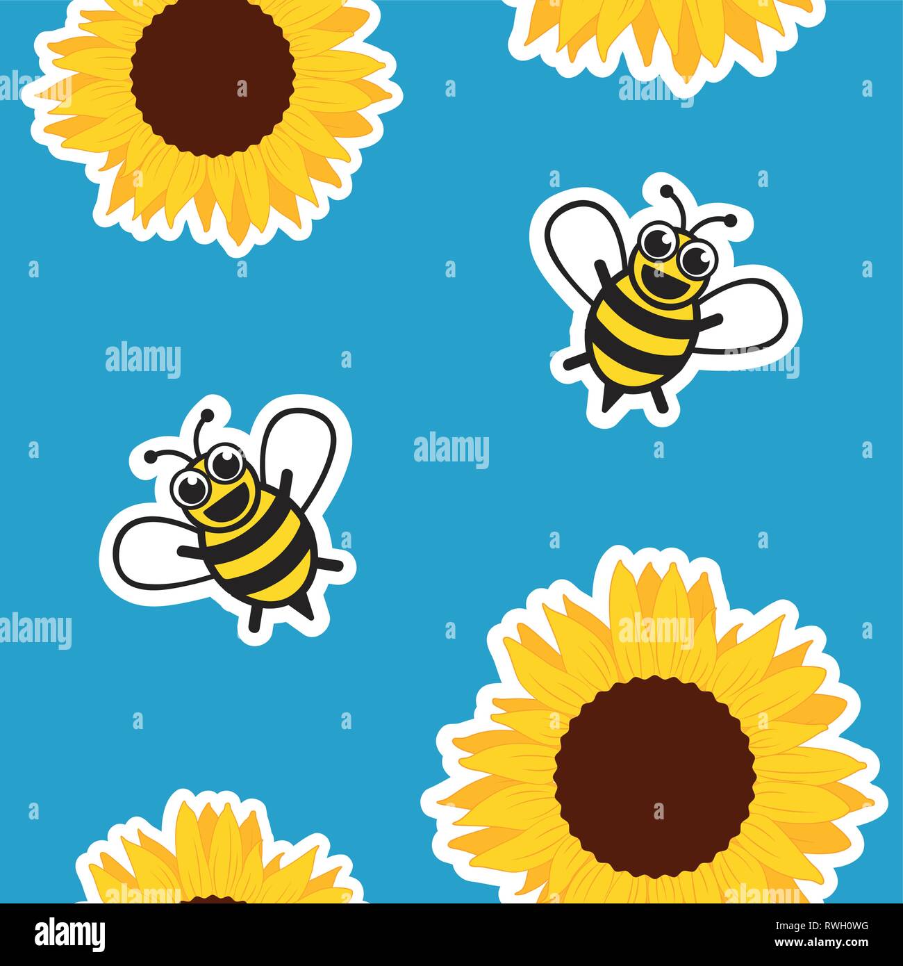 seamless pattern honey bee and sunflower on blue background vector ...