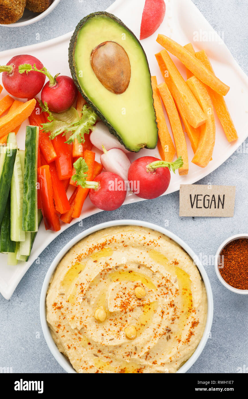 Hummus dip served with fresh vegetable sticks and falafel. Healthy ...