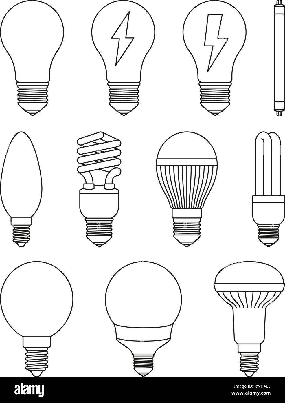 11 line art black and white light bulb set Stock Vector Image & Art - Alamy
