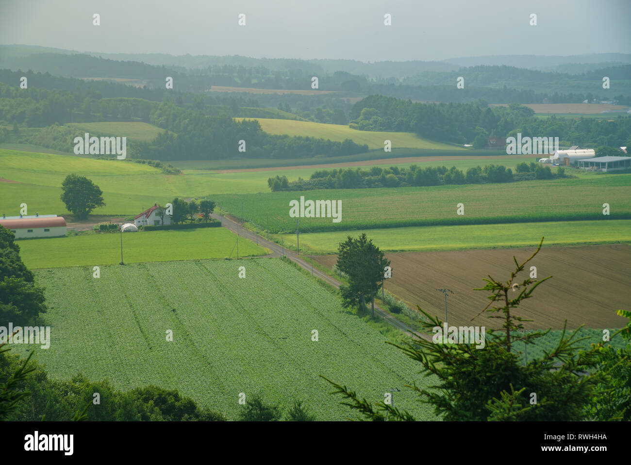 Aerial view of the Furano cityscape with farm below at Hokkaido, Japan ...