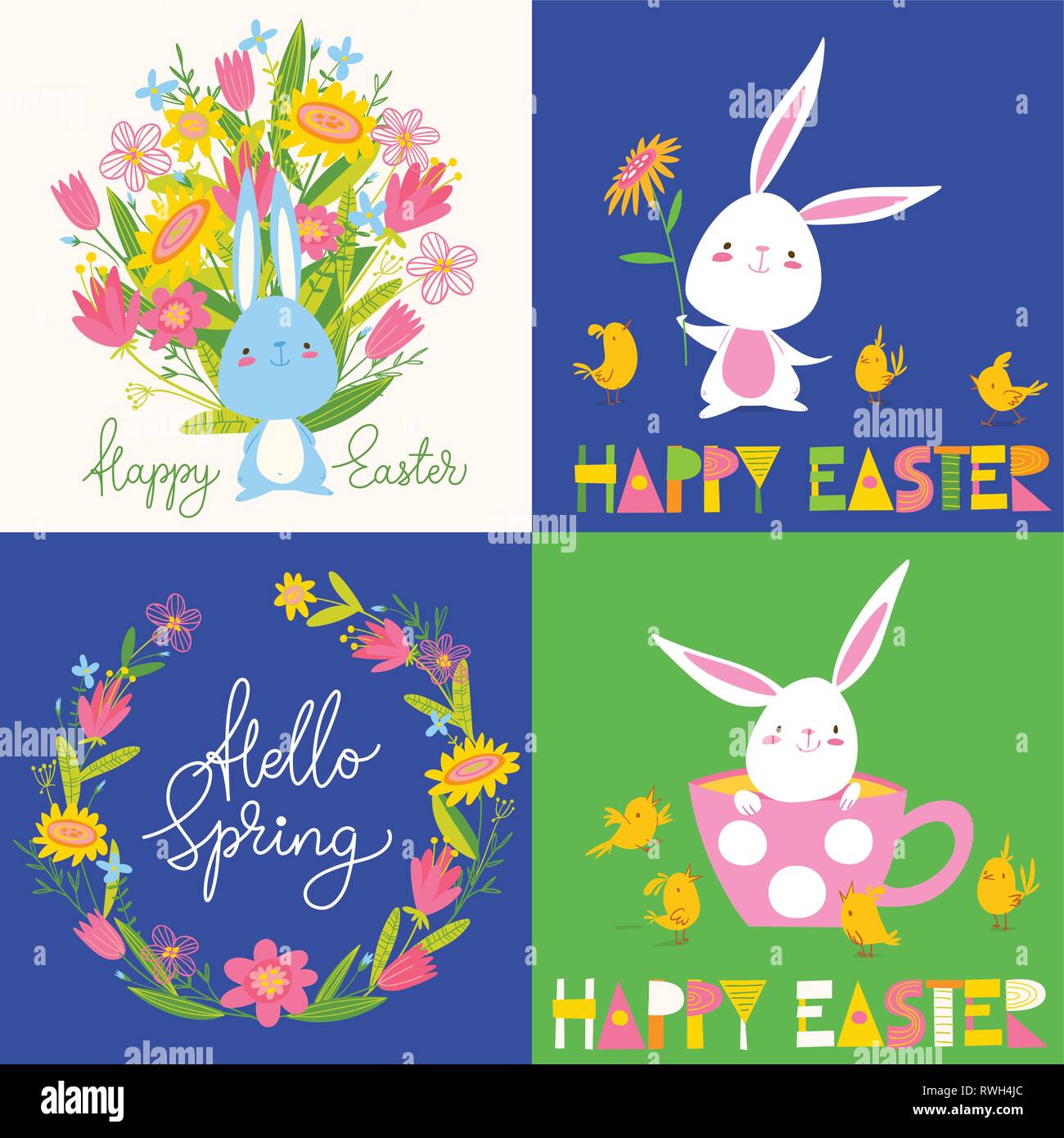 Set of four vector easter spring images with rabbits, flowers and ...