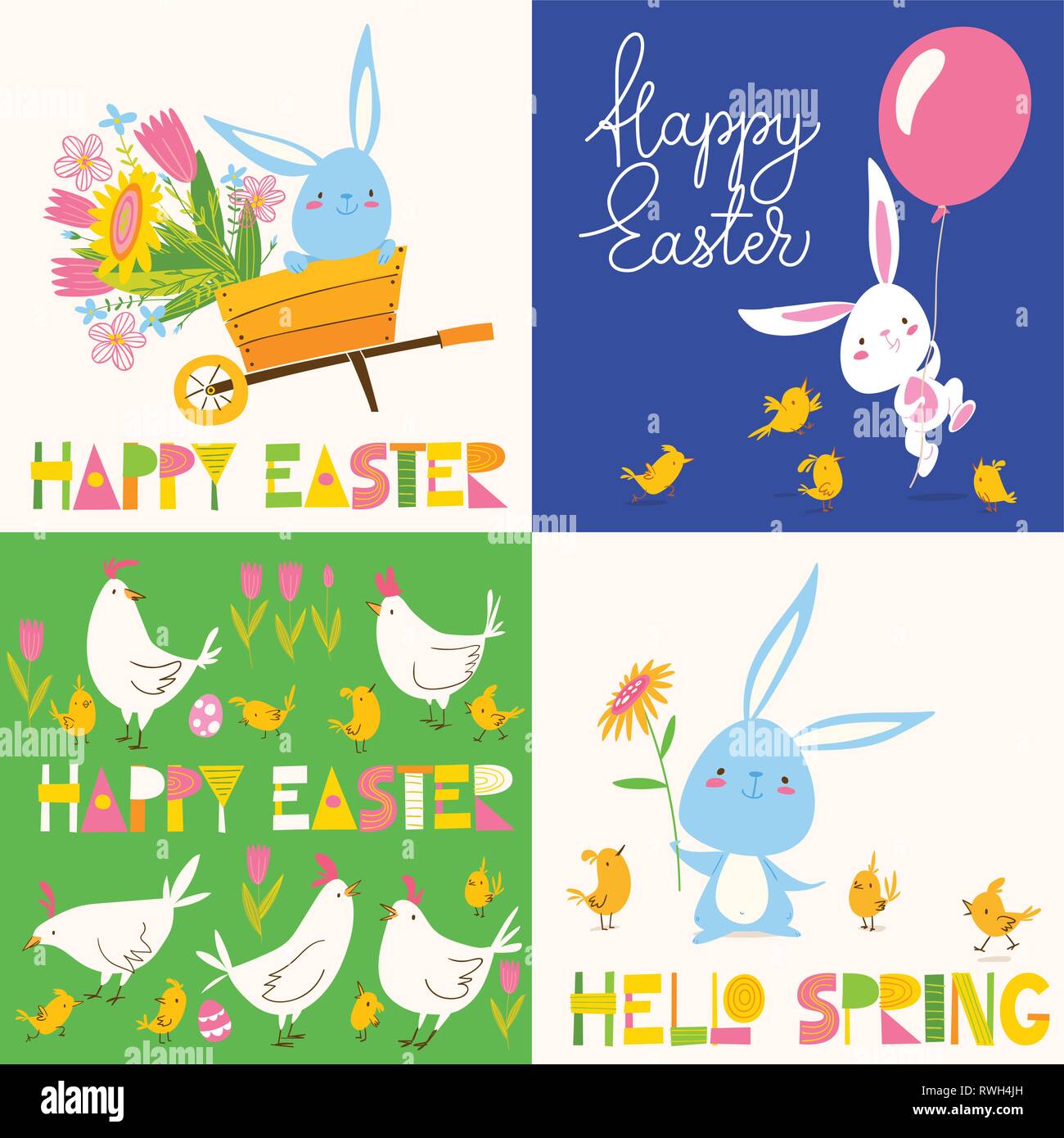 Set of four vector easter spring posters with rabbits, flowers and ...