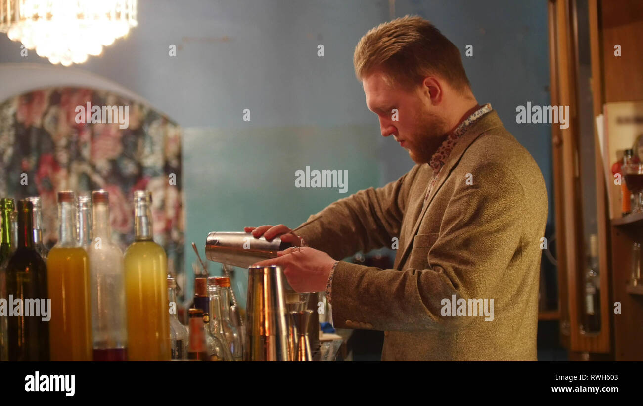 Young professional bartender pouring a drink in the shaker Stock Photo ...