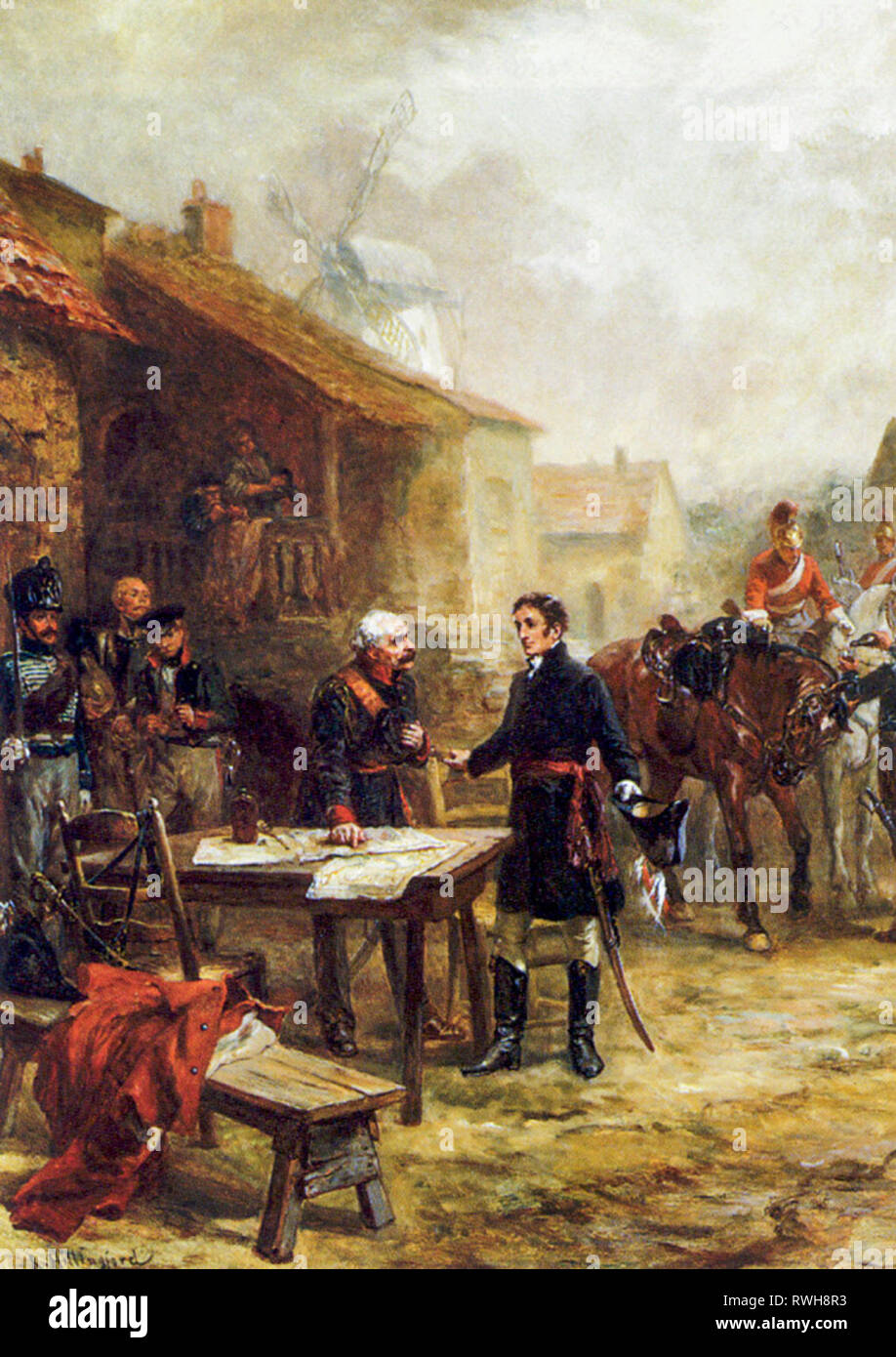 Wellington and Blucher Meeting before the Battle of Waterloo, painting ...