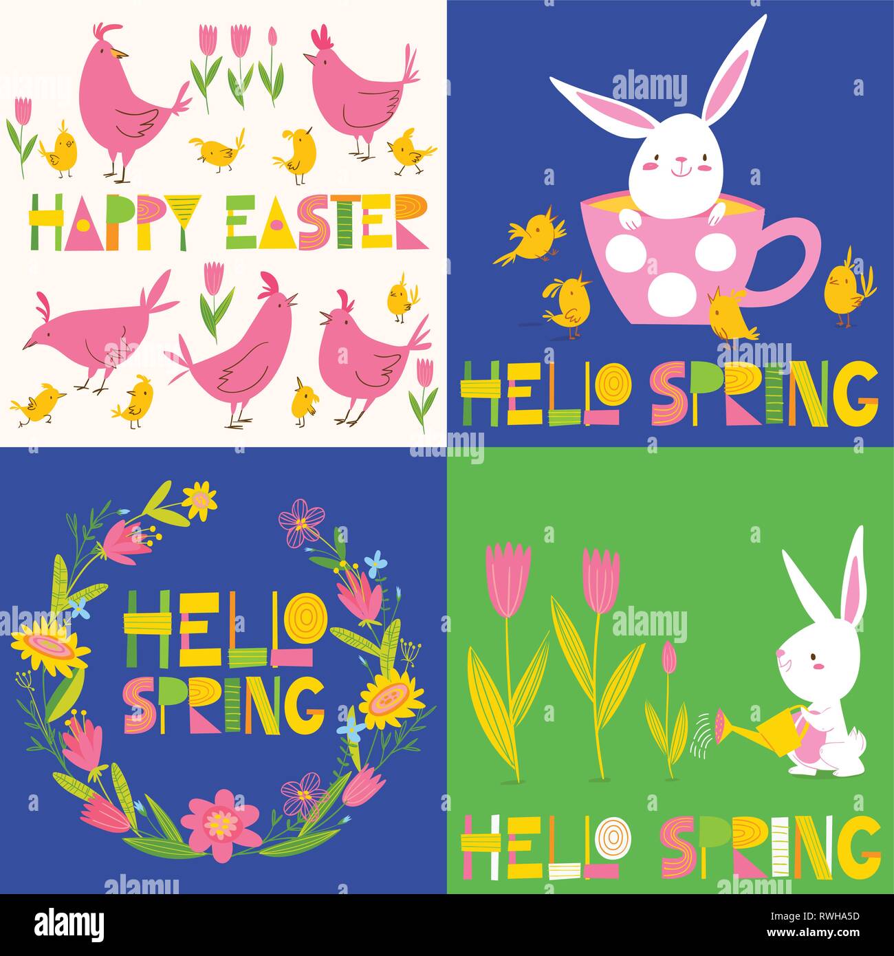 Set of four vector easter spring cards with rabbits, flowers and ...
