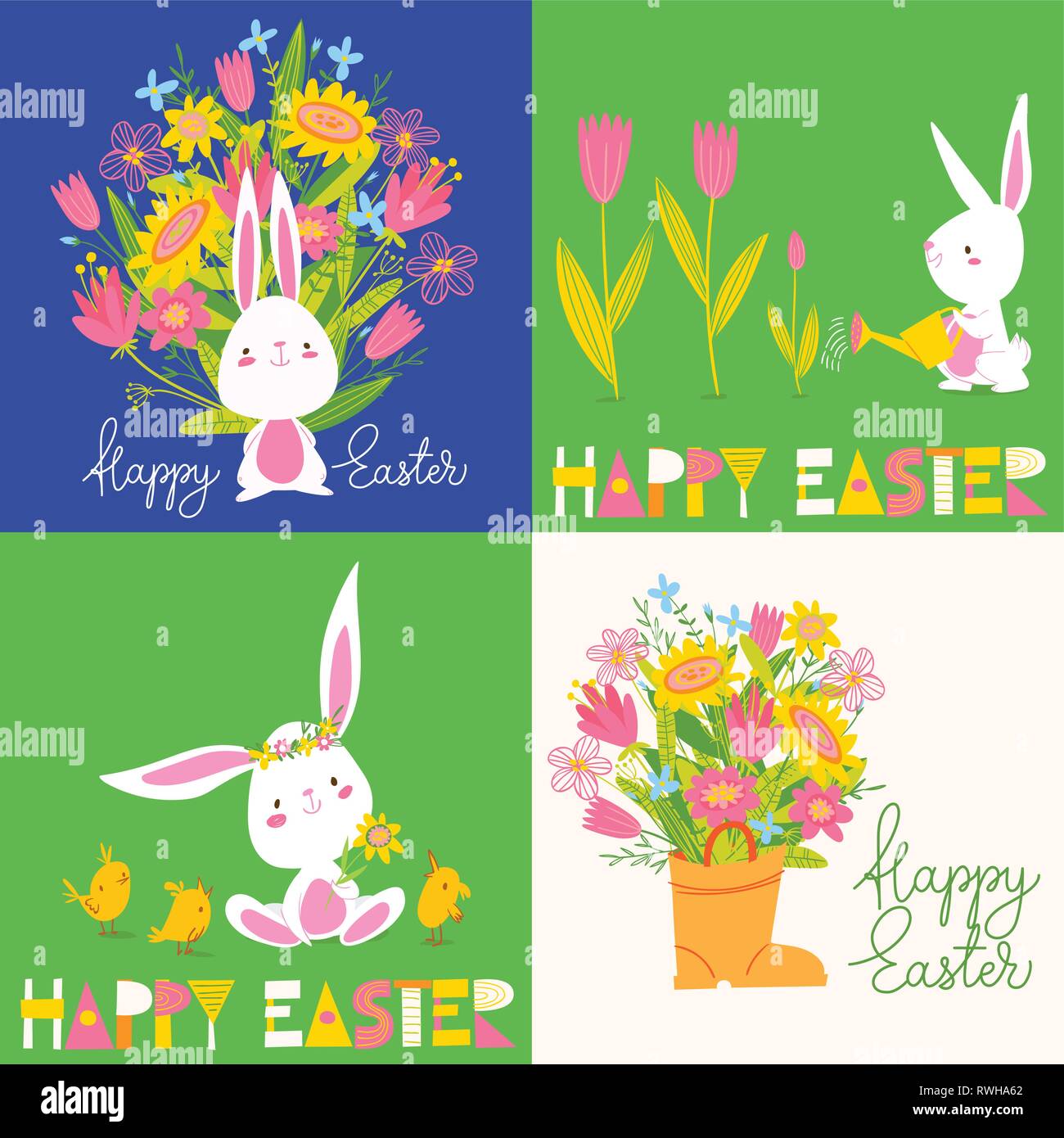 Set of four vector easter spring cards with rabbits, flowers and ...