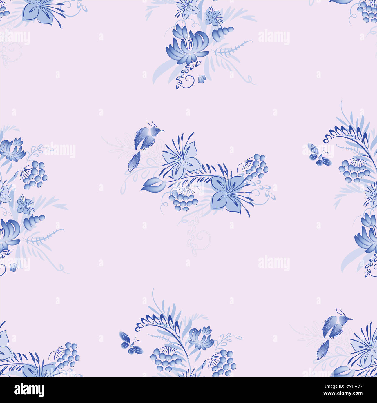 Set of blue flowers and bird Stock Photo - Alamy