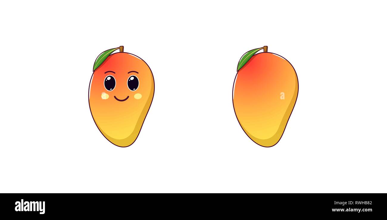 Cute Kawaii Mango, Cartoon Tropical Fruit. Vector illustration of ...