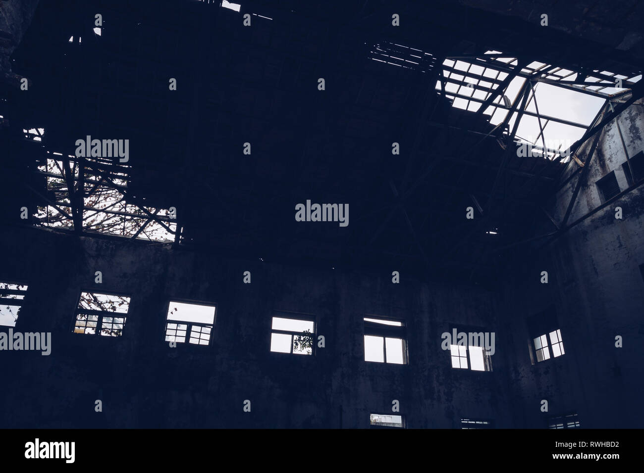 Old abandoned, ruined industry, factory, warehouse; broken and ...