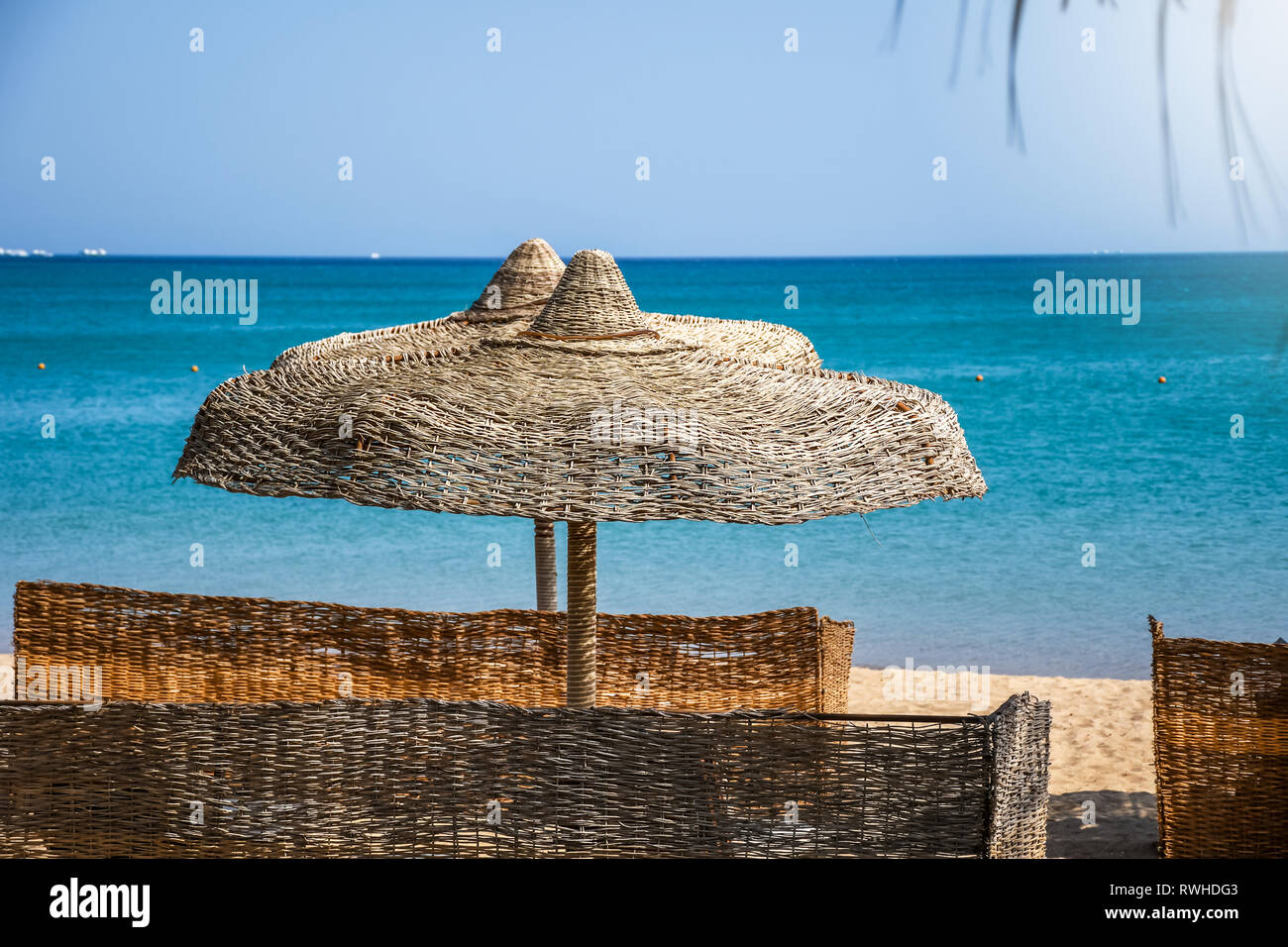 Beach umbrella knitted with wood sticks providing natural shade on the ...
