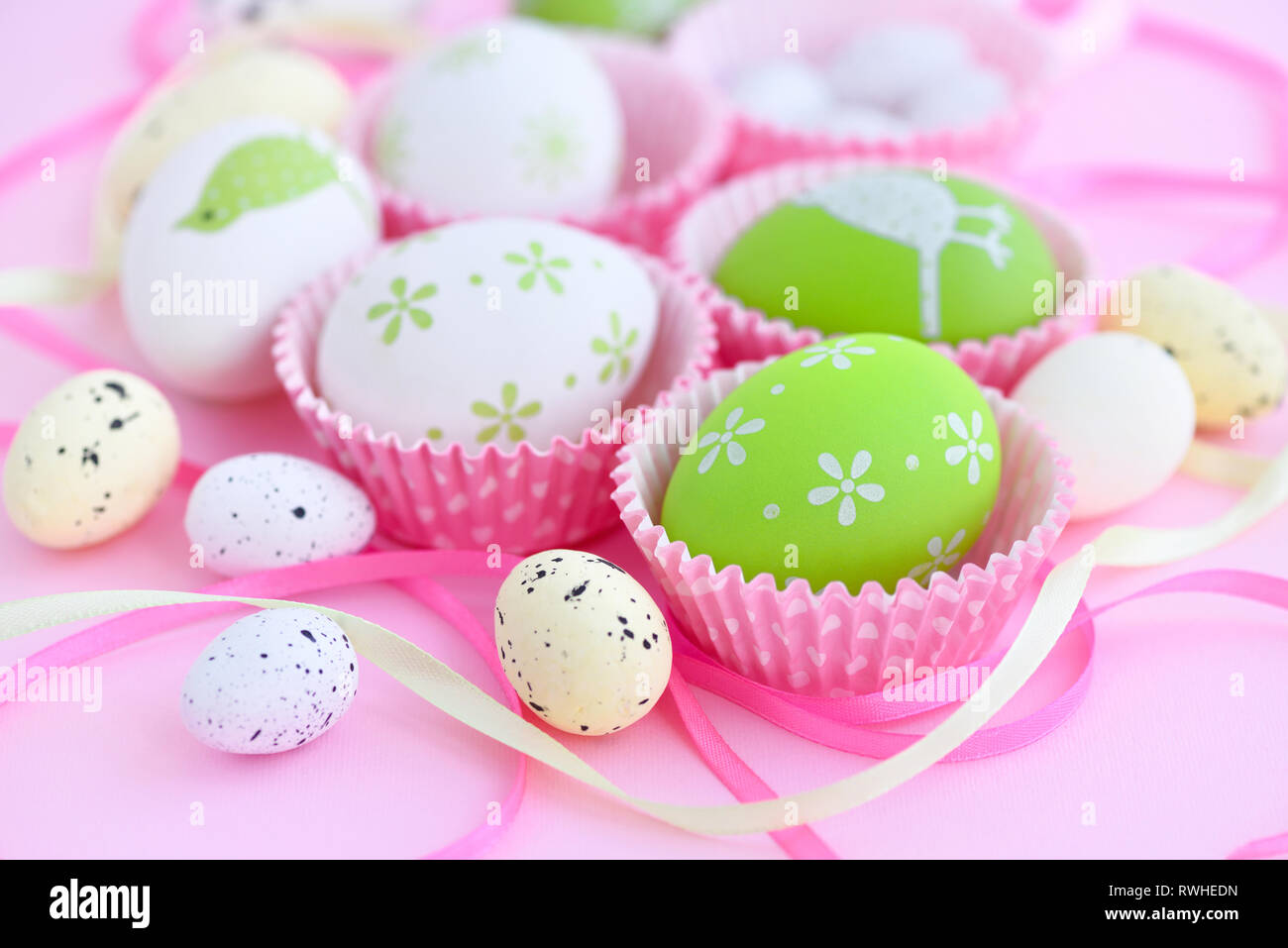 Festive background with easter eggs and ribbons Stock Photo - Alamy