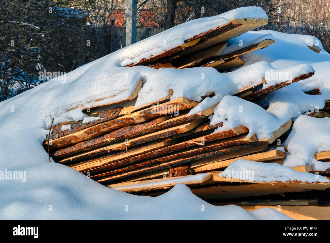 Bunch of old used wooden snow covered boards. Wood plank background ...