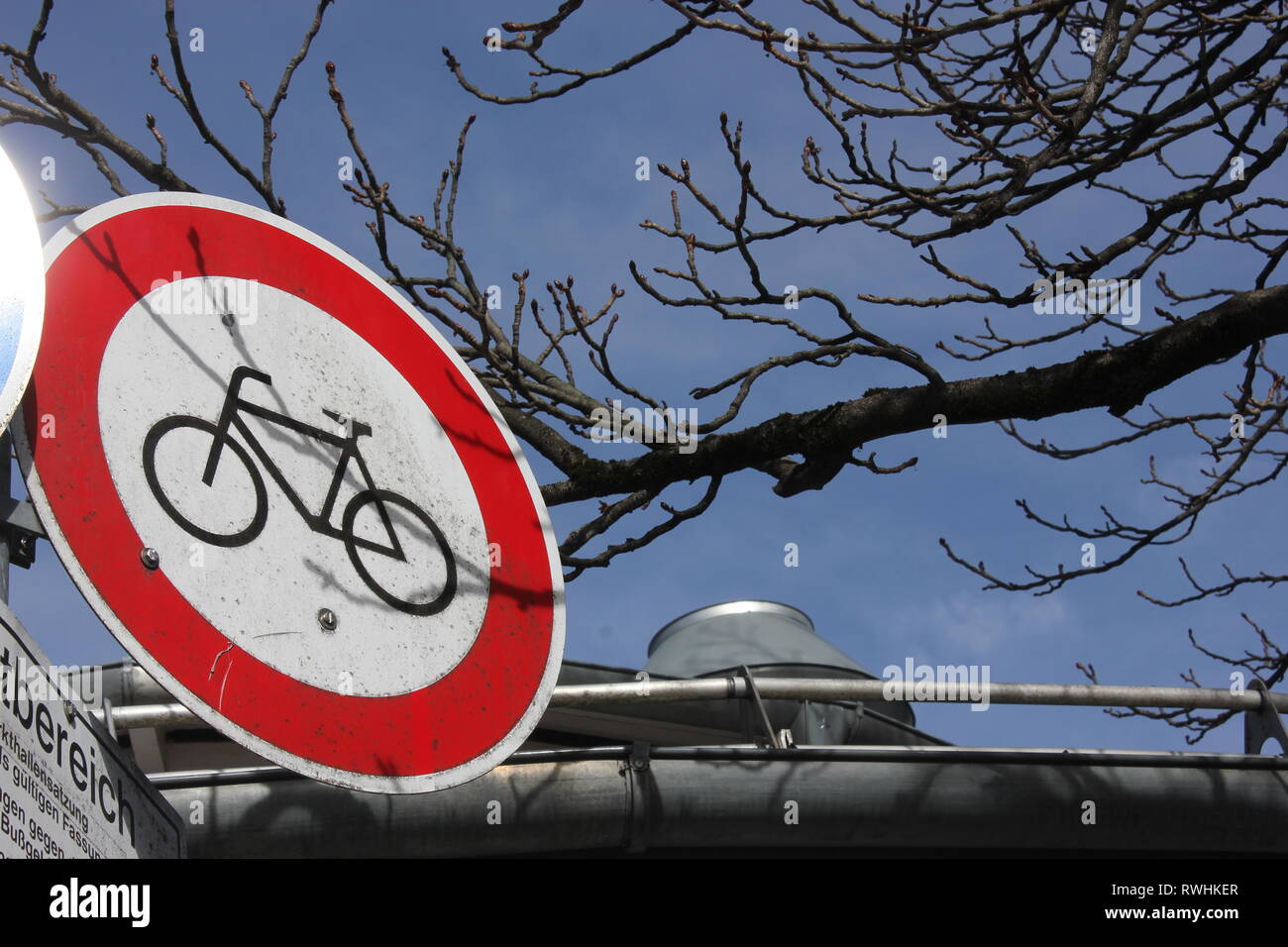Bicycle forbidden. Prohibition sign in pedestrian area Stock Photo - Alamy