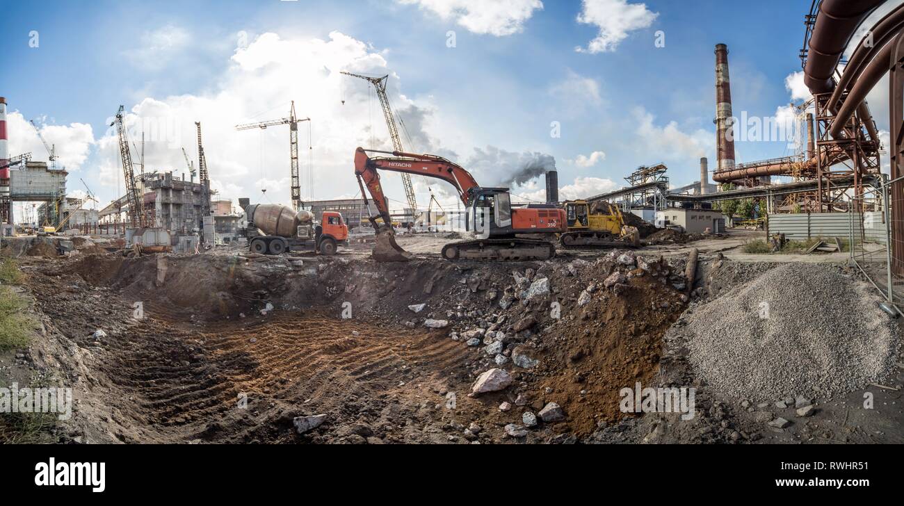landscape, panorama, view of factory slums with metal hulls and ...