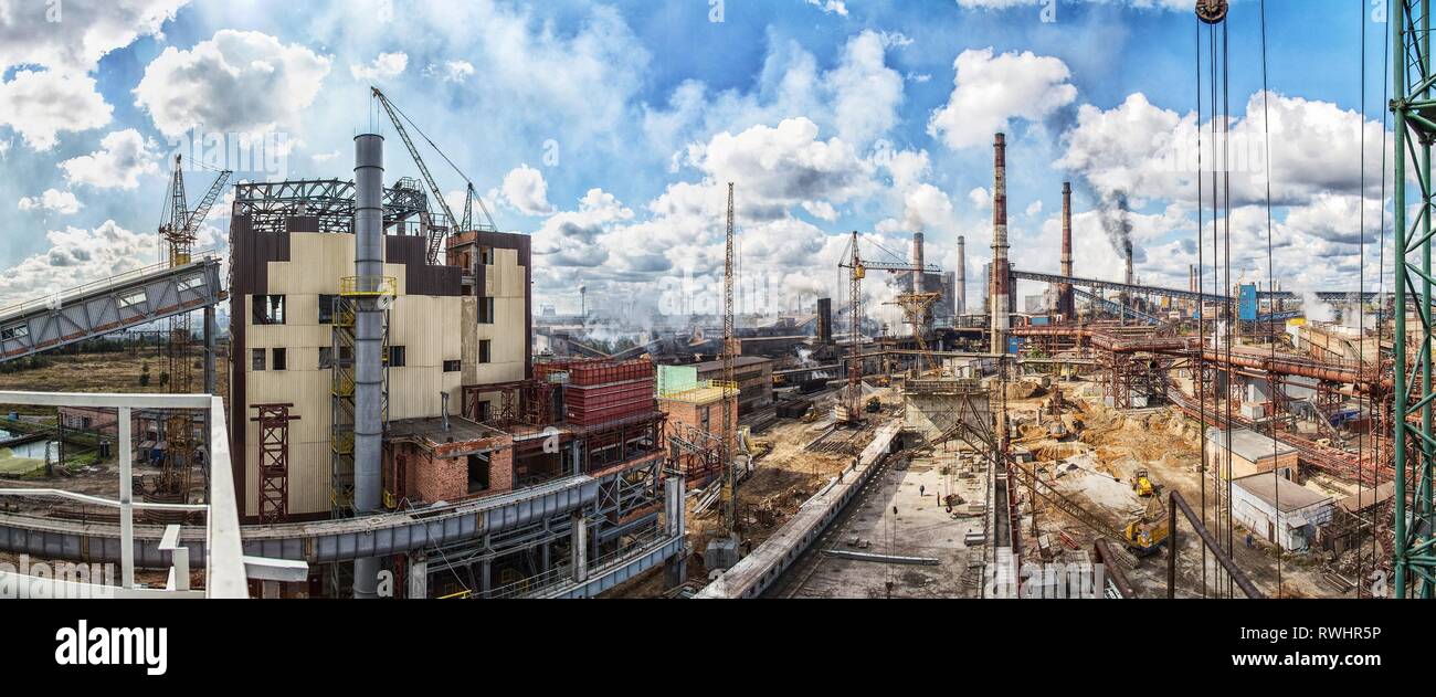 landscape, panorama, view of factory slums with metal hulls and ...