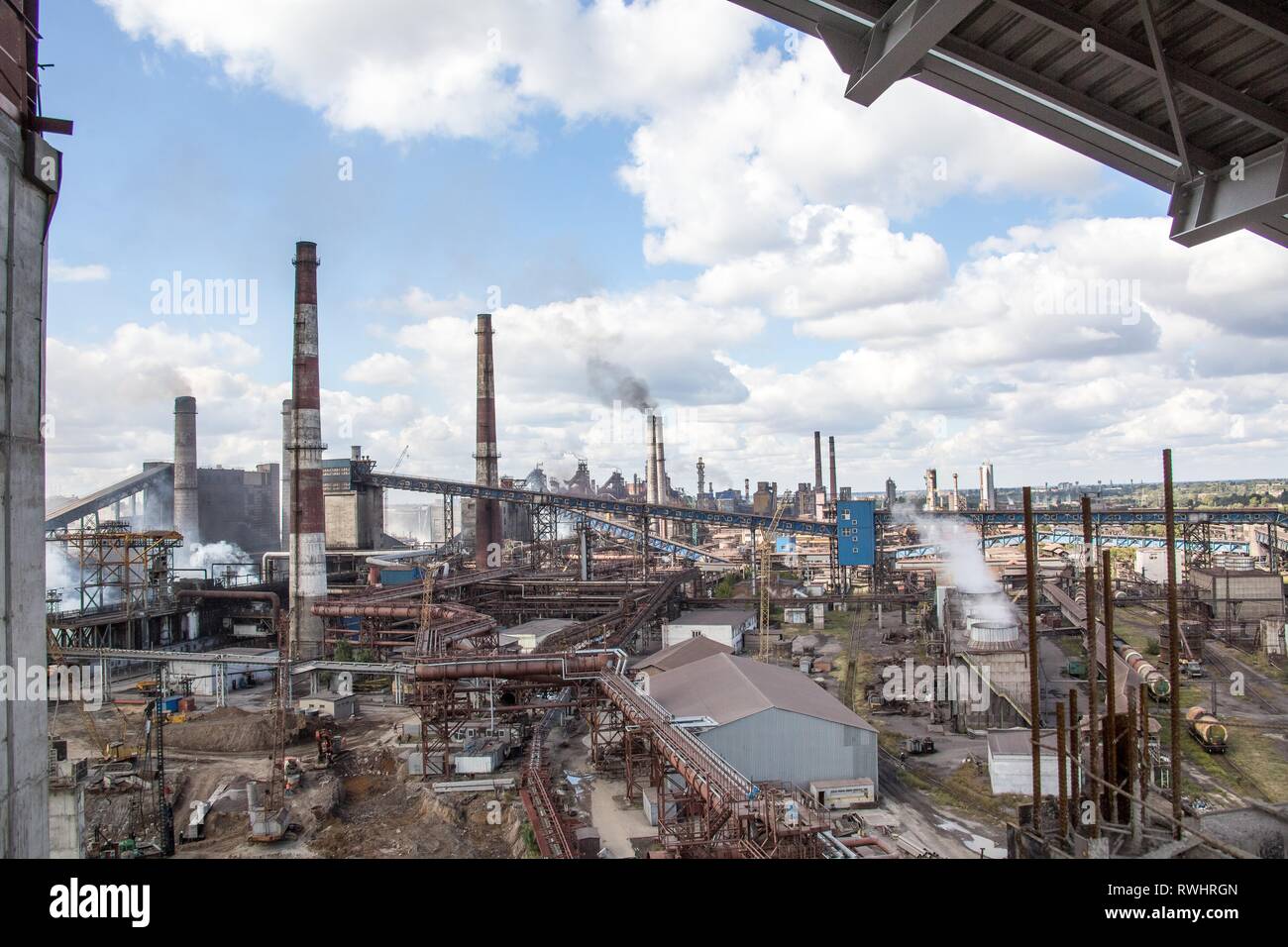 landscape, panorama, view of factory slums with metal hulls and ...