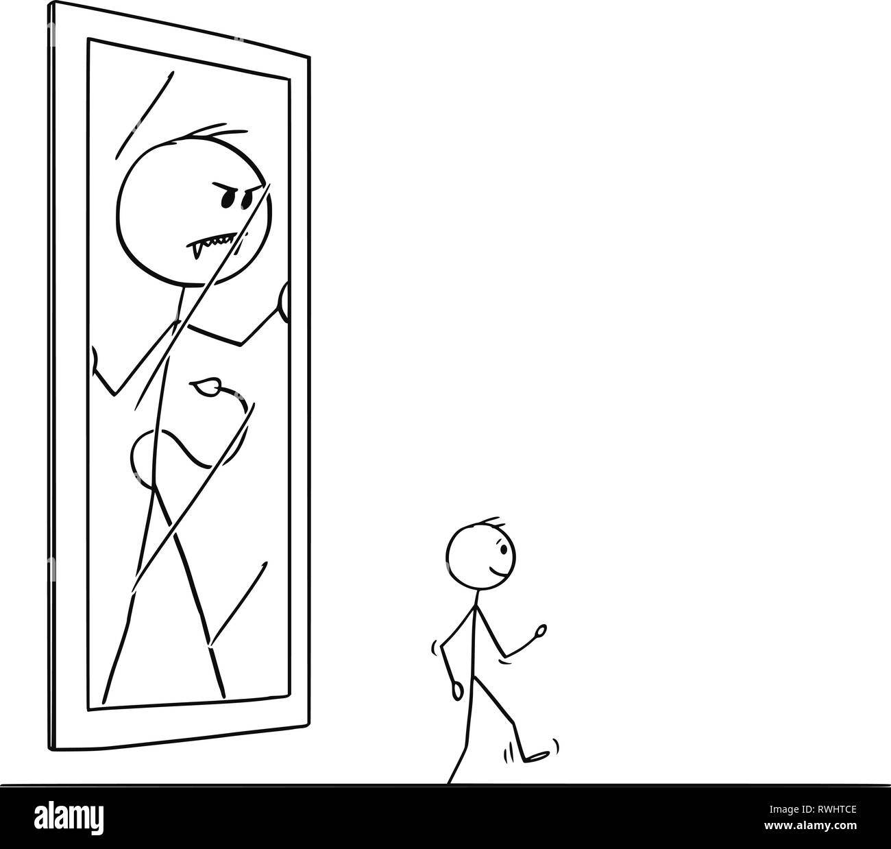 Cartoon of Happy Man Leaving His Demon or Devil in The Mirror Stock ...