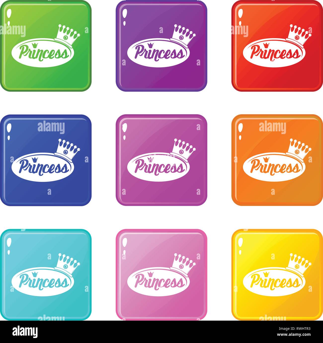 Word princess crown icons set 9 color collection Stock Vector Image ...