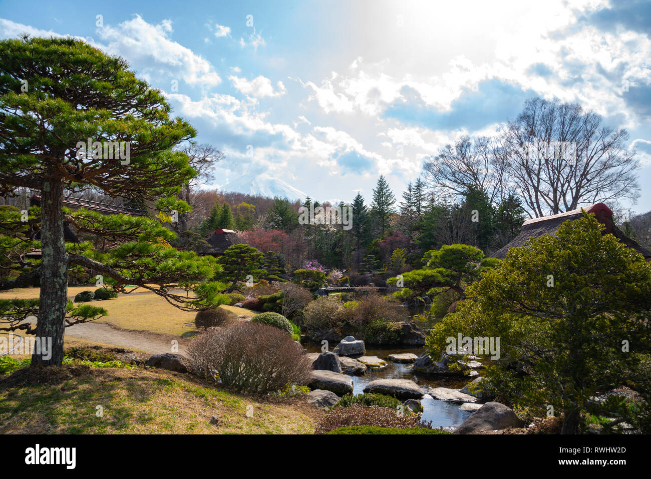 Traditional house, spring garden at ancient Oshino Hakkai village near Mt. Fuji, Fuji Five Lake ...