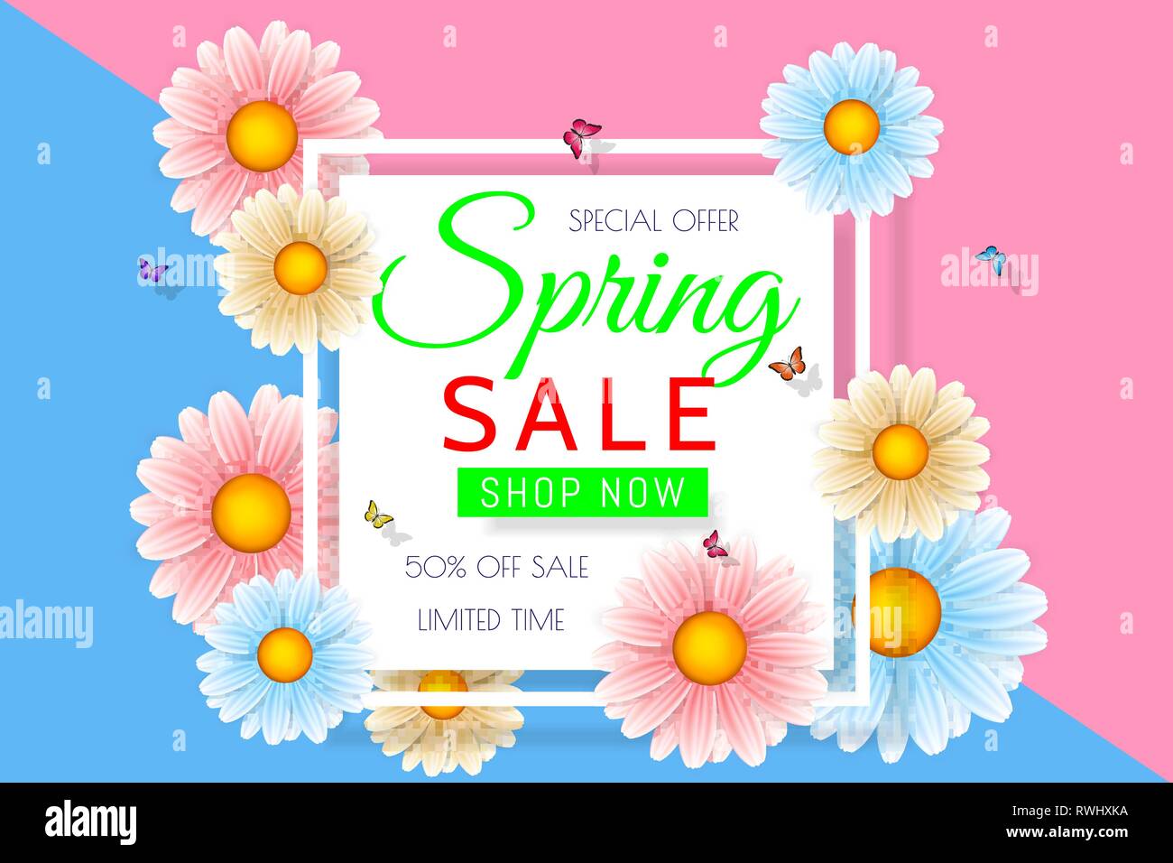 Spring sale background design with beautiful colorful flower. Vector ...
