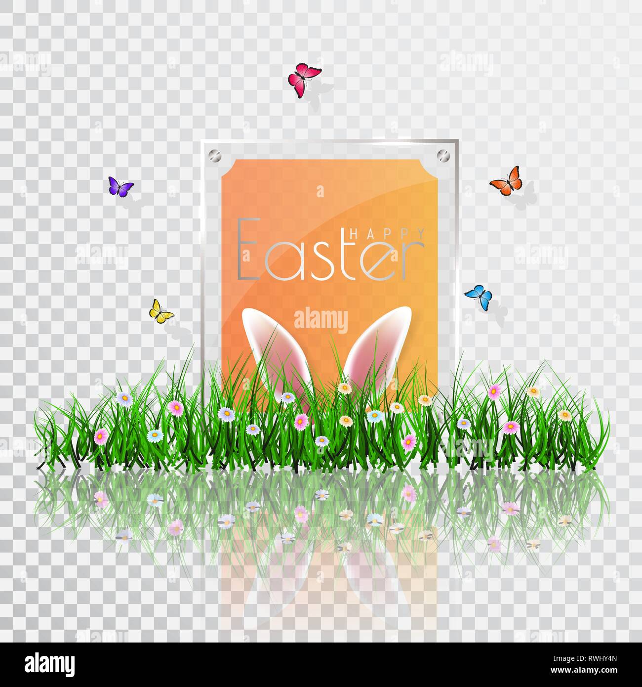 Happy Easter. Vector Easter eggs with grass, butterfly and flowers ...