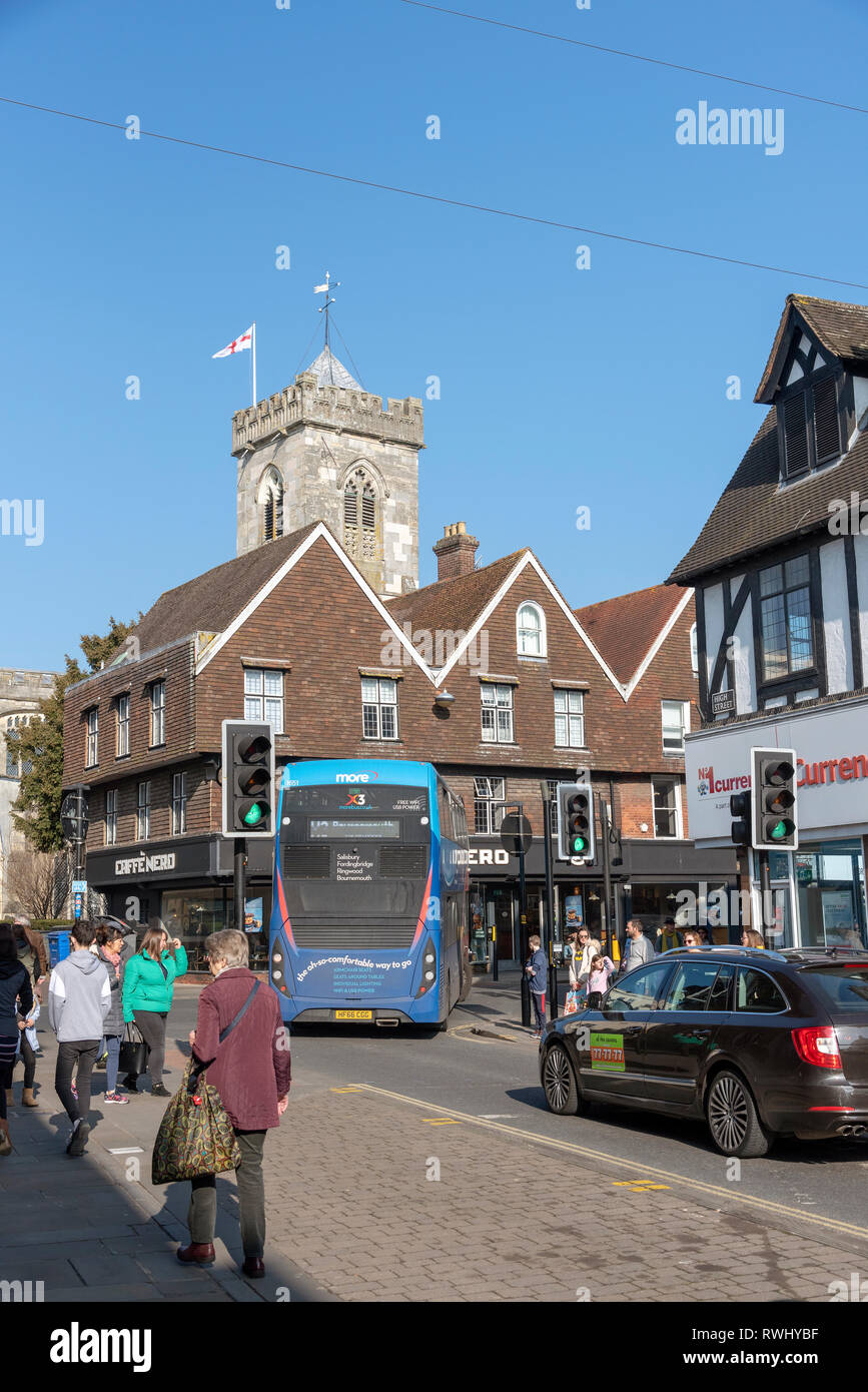 Salisbury, Wiltshire, England, UK. February 2019. A bus and taxi on the ...