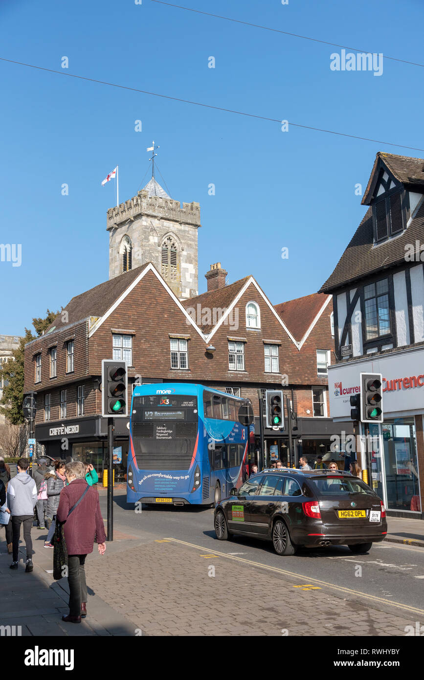 Salisbury, Wiltshire, England, UK. February 2019. A bus and taxi on the ...