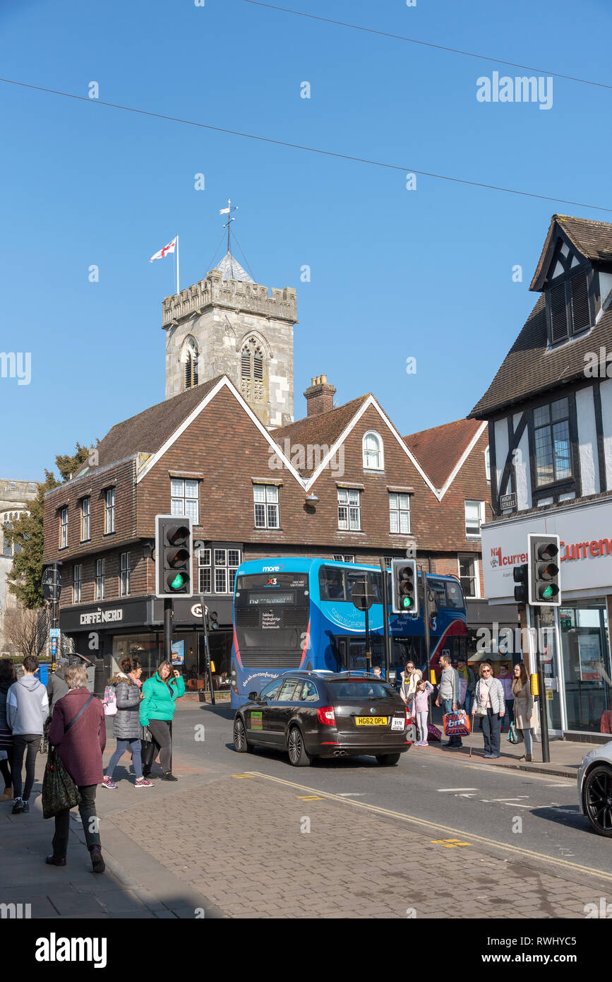 Salisbury, Wiltshire, England, UK. February 2019. A bus and taxi on the ...