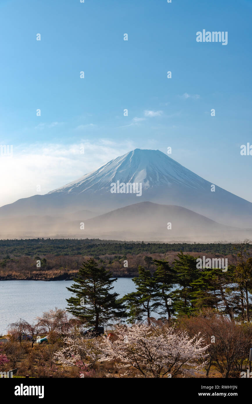 Landscape of Mount Fuji with natural fine sand flying up in the air ...