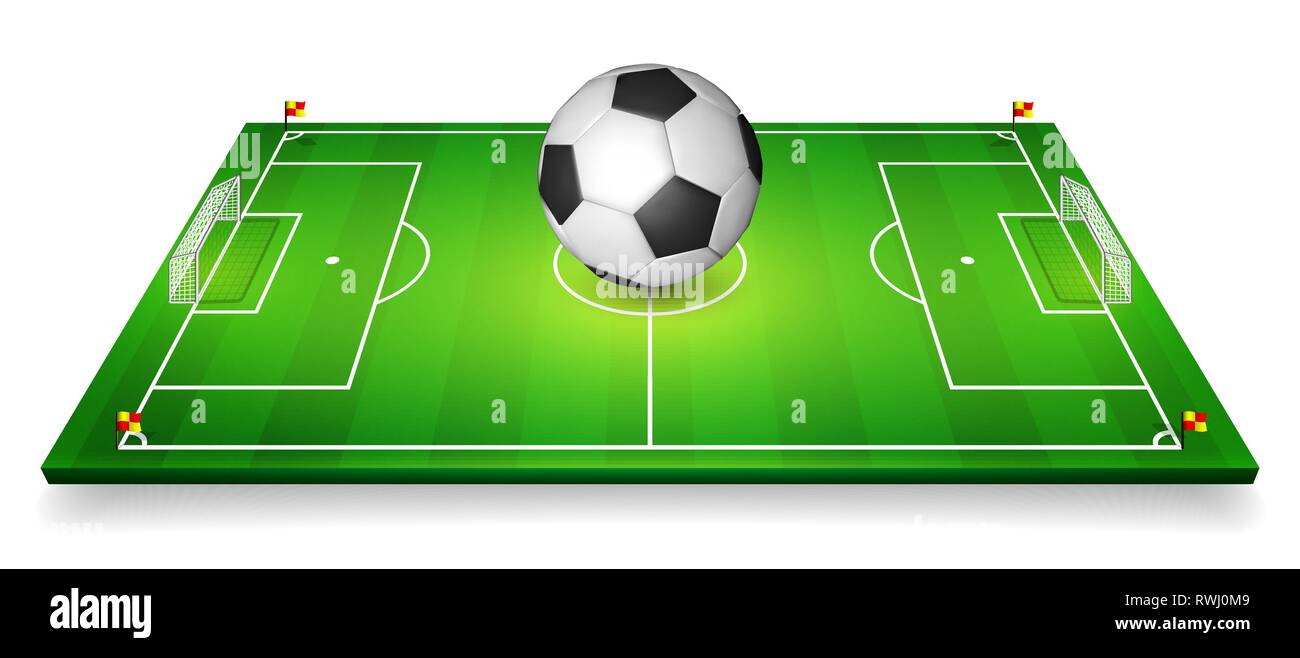 Football field, soccer field set with football ball. Perspective vector ...