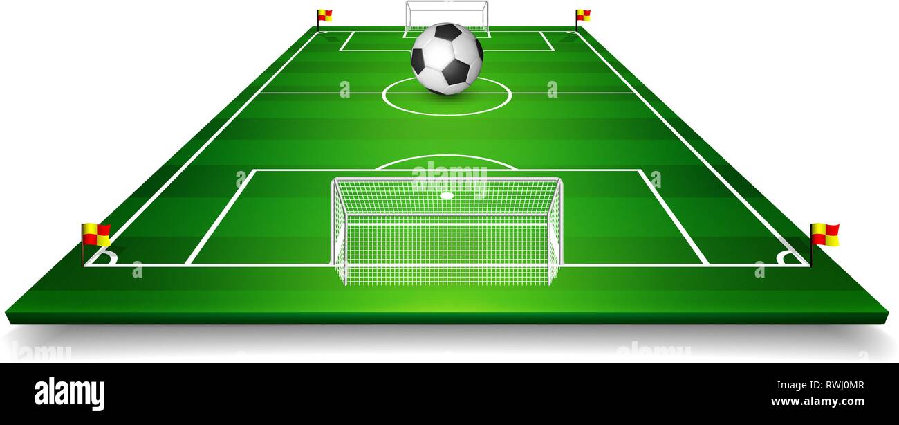 Football field, soccer field set with football ball. Perspective vector ...