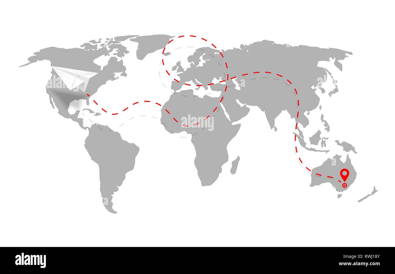 Airplane path in dashed line shape on world map. Route of paper plane ...