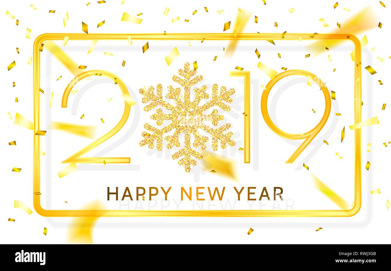 Happy New Year 2019. Golden numbers with ribbons and confetti on a ...
