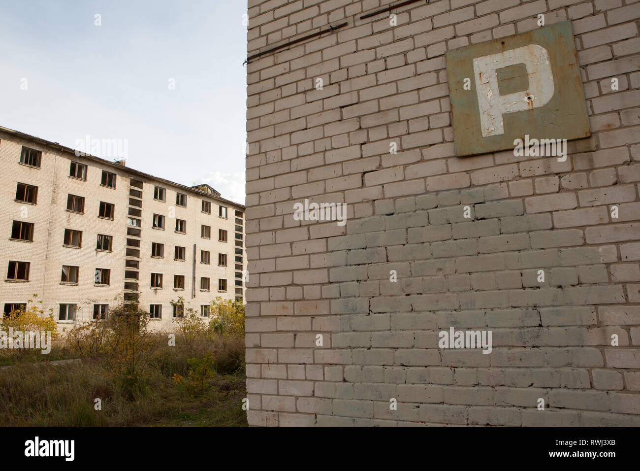 Letter P on abandoned apartment block at Skrunda-1, former soviet ...