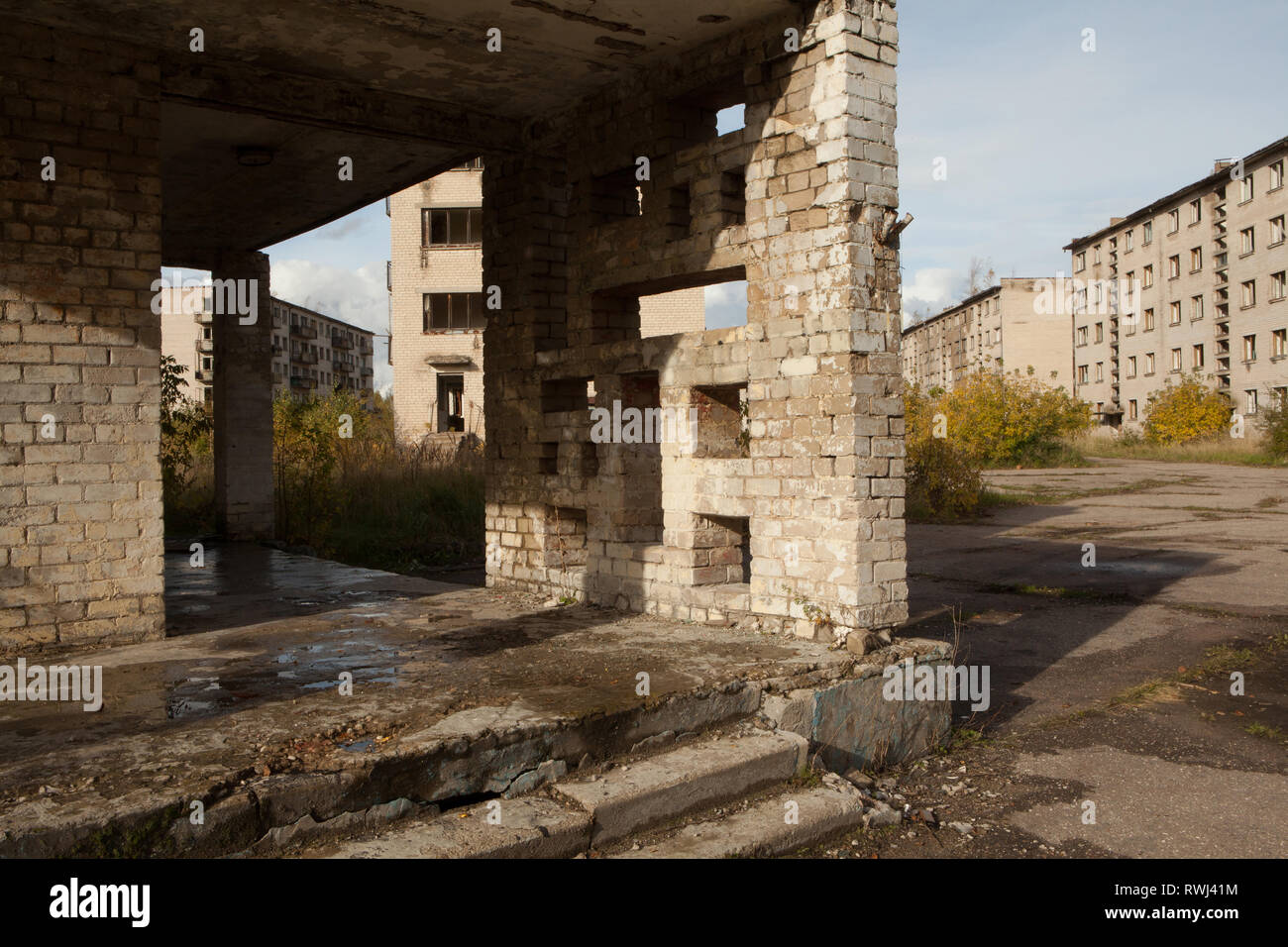 Abandoned apartment blocks from corner wall at Skrunda-1, former soviet ...