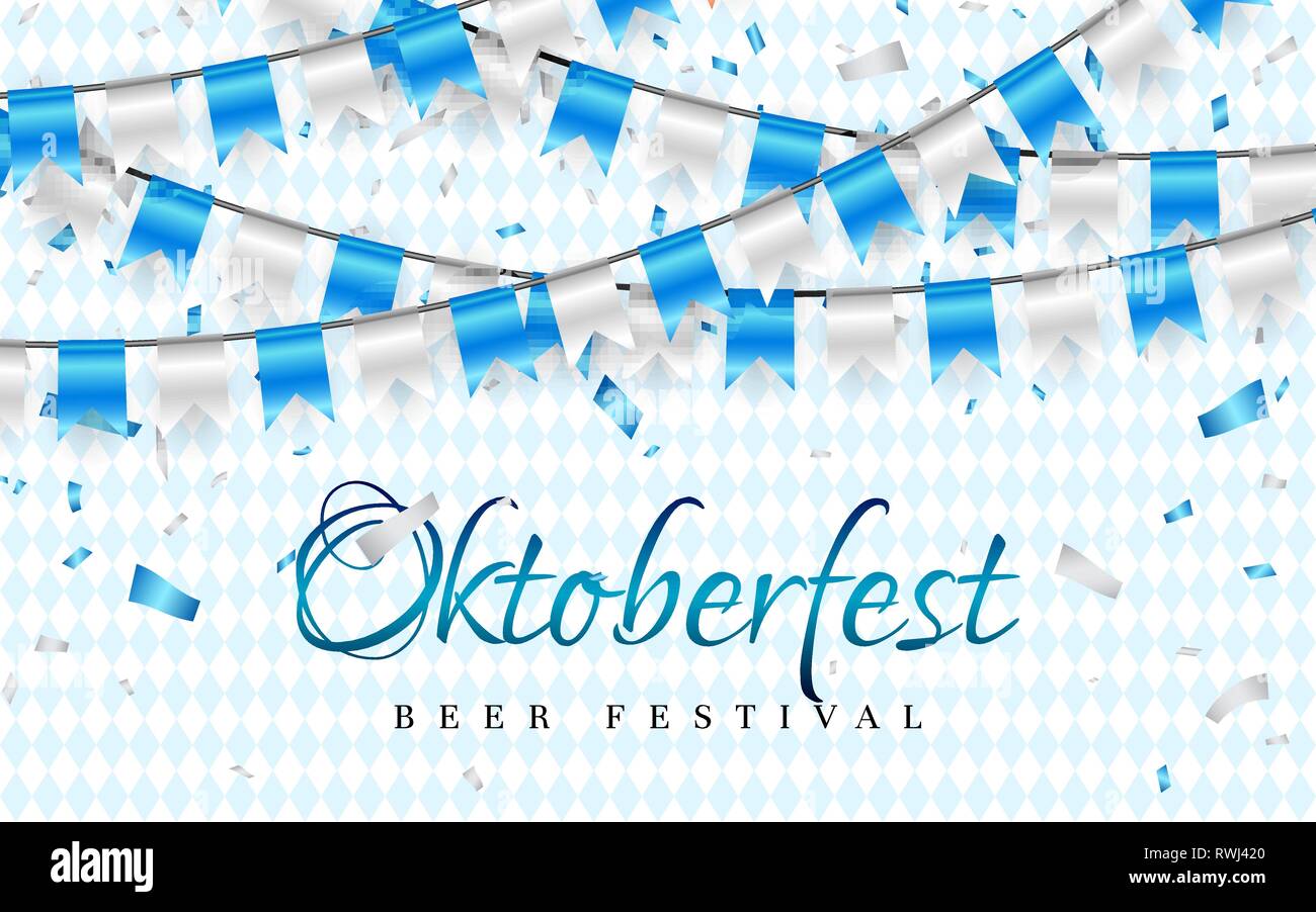 October fest Celebration party banner. Blue and white foil confetti and ...