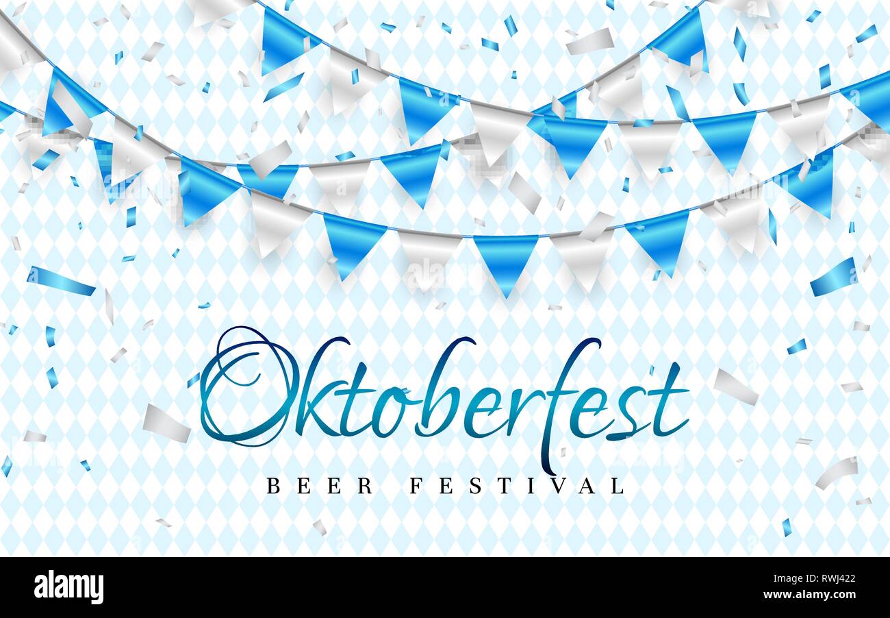 October fest Celebration party banner. Blue and white foil confetti and ...